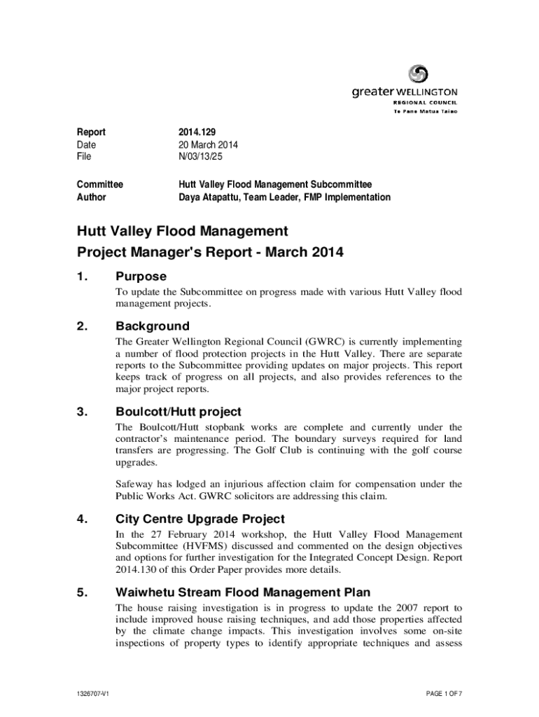 Fillable Online Hutt Valley Flood Management Project Manager's Report ...