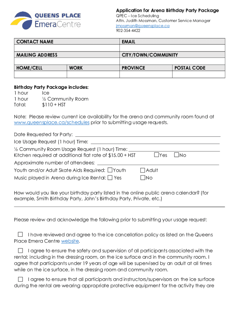 Fillable Online Application for Arena Birthday Party Package Fax Email Print - pdfFiller