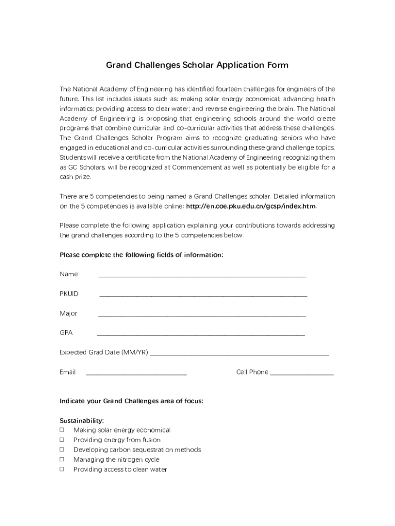 Fillable Online Grand Challenges Scholar Application Form Fax Email ...