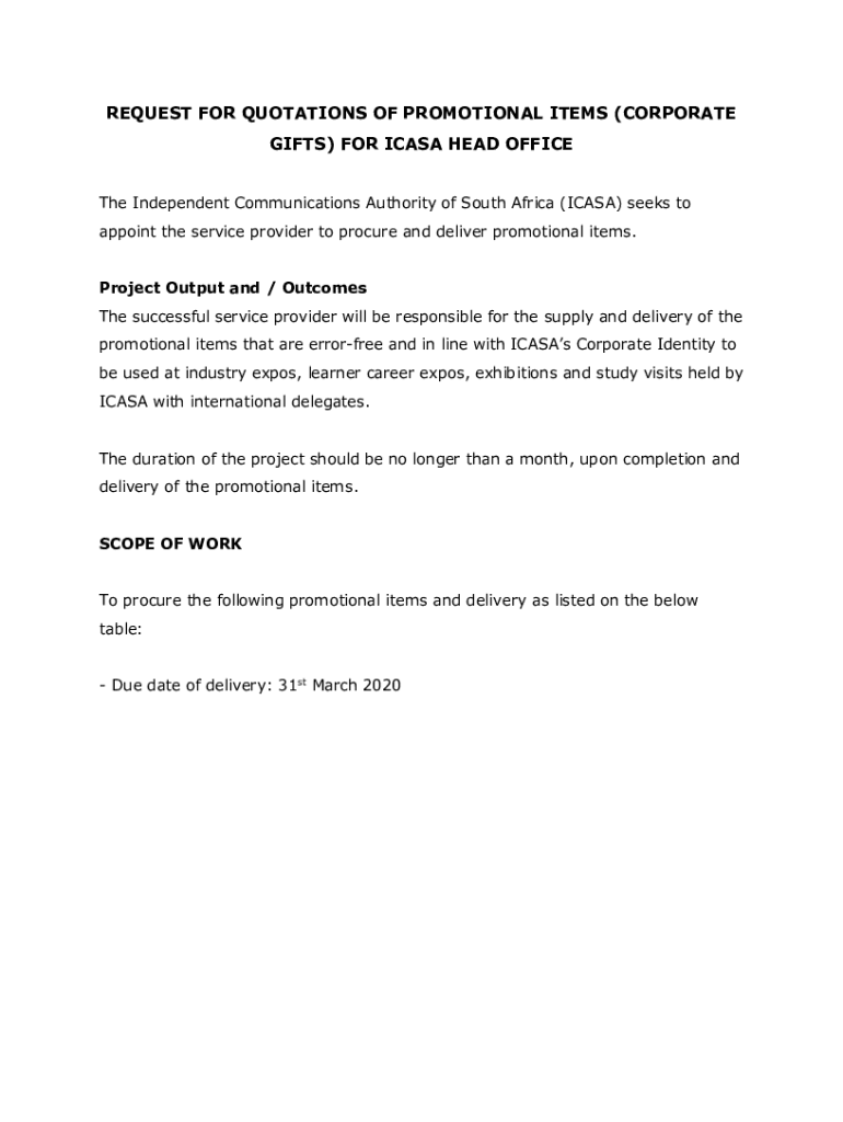 Fillable Online REQUEST FOR QUOTATIONS OF PROMOTIONAL ITEMS ... Fax ...