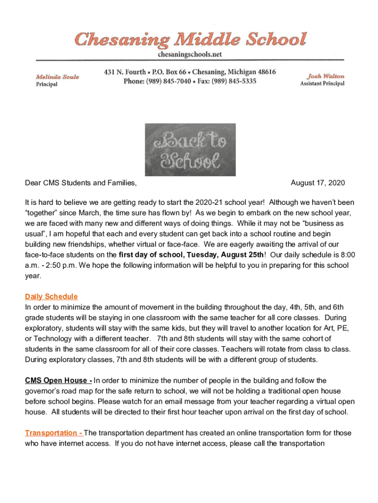 Fillable Online CMS opening for students on August 17, two weeks ...