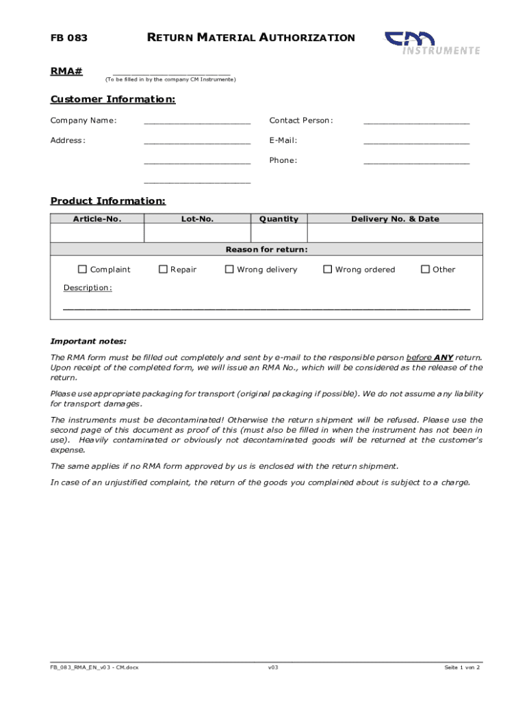 Fillable Online FB 083 RETURN MATERIAL AUTHORIZATION RMA Fax Email ...