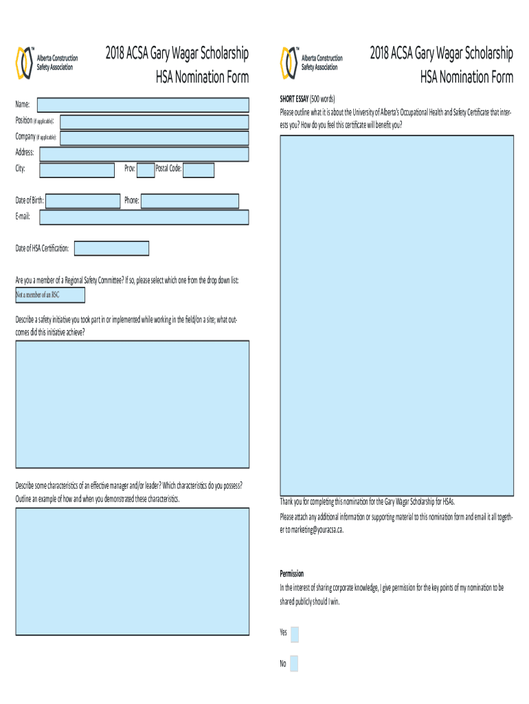 Fillable Online 2018 ACSA Gary Wagar Scholarship HSA Nomination Form ...