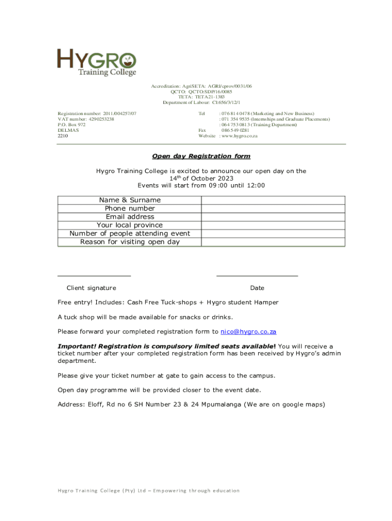 Fillable Online hygro co Hygro Training College (PTY) LTD- Open day registration Form Fax Email ...