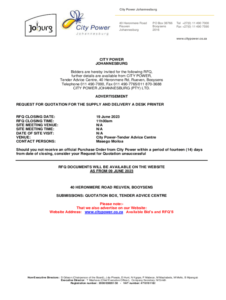 Fillable Online REQUEST FOR QUOTATION FOR THE SUPPLY AND DELIVERY A DESK PRINTER Fax Email Print ...