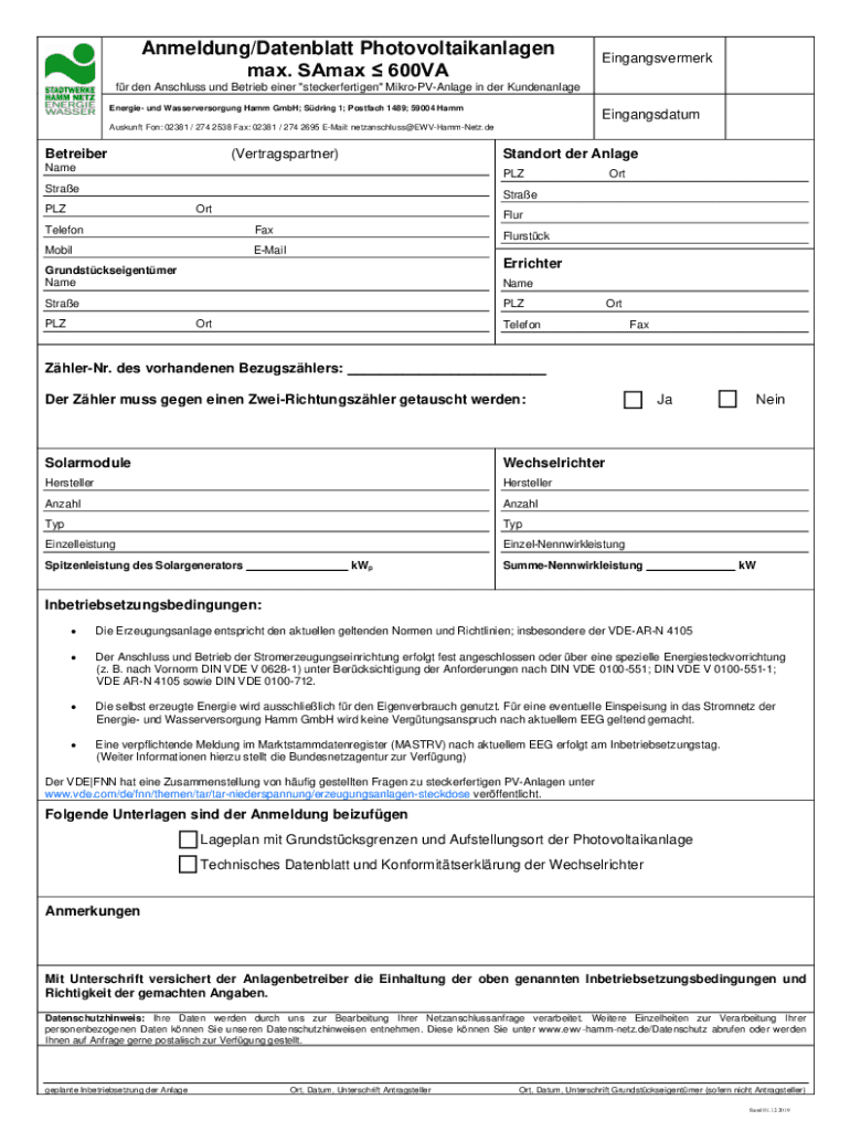 Ausfüllbar Online Anmeldung/Datenblatt Photovoltaikanlagen max. SAmax ...
