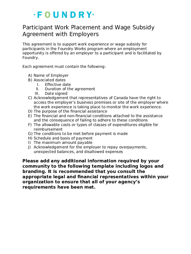 Participant Work Placement and Wage Subsidy Agreement ... Doc Template ...