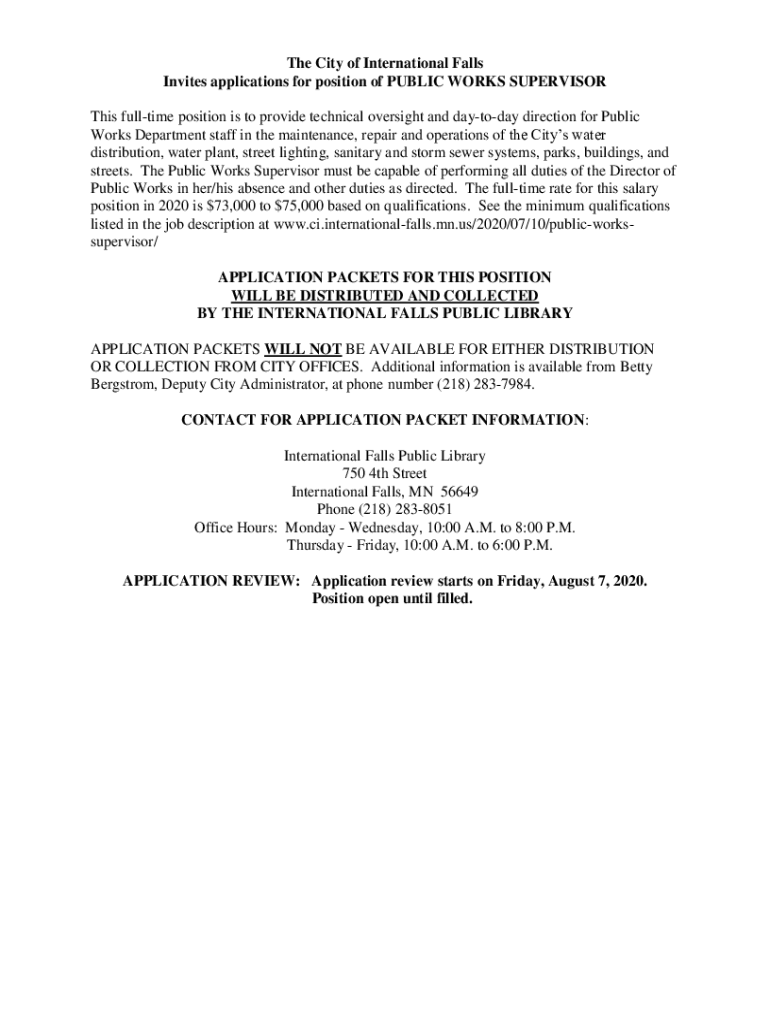 Fillable Online Public Works Supervisor Application Packet Fax Email ...