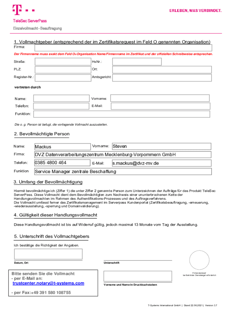 Ausfüllbar Online Vollmachtgeber (entsprechend der im Zertifikatsrequest im Feld O genannten ...