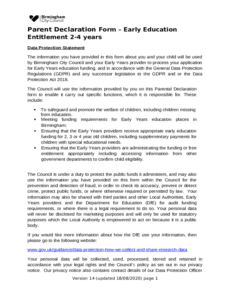 Parent declaration for the free early years education ... Doc Template ...