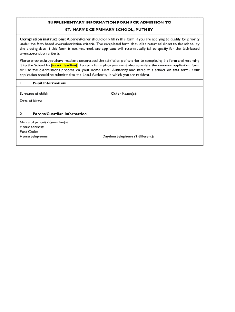Fillable Online St Mary's CE Primary Putney Primary Supplementary Information form Fax Email ...