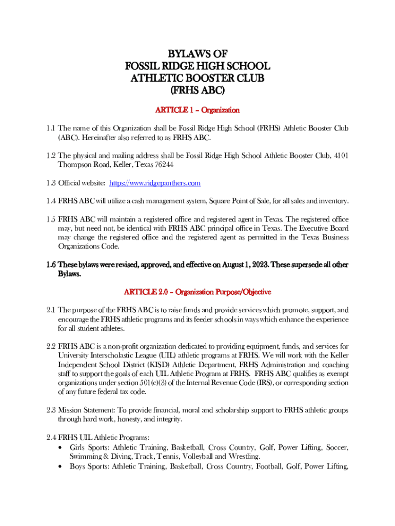 Fillable Online bylaws of fossil ridge high school football booster ...