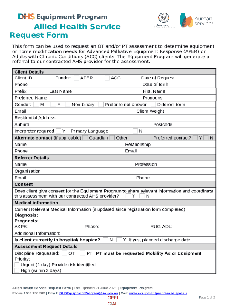 DHS EP - Allied-Health-Service-Request- Doc Template | pdfFiller