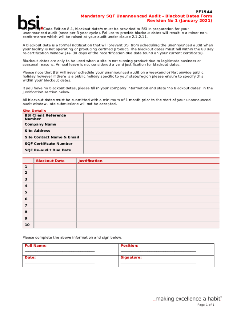 SQF Unannounced Audit Blackout Dates Doc Template | pdfFiller