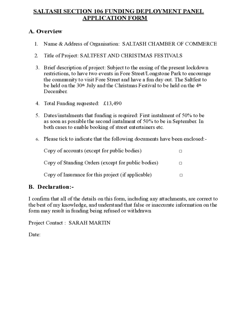 Fillable Online SALTASH SECTION 106 FUNDING DEPLOYMENT PANEL ...