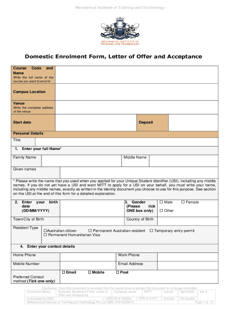 Fillable Online Domestic Enrolment Form, Letter of Offer and Acceptance Fax Email Print - pdfFiller