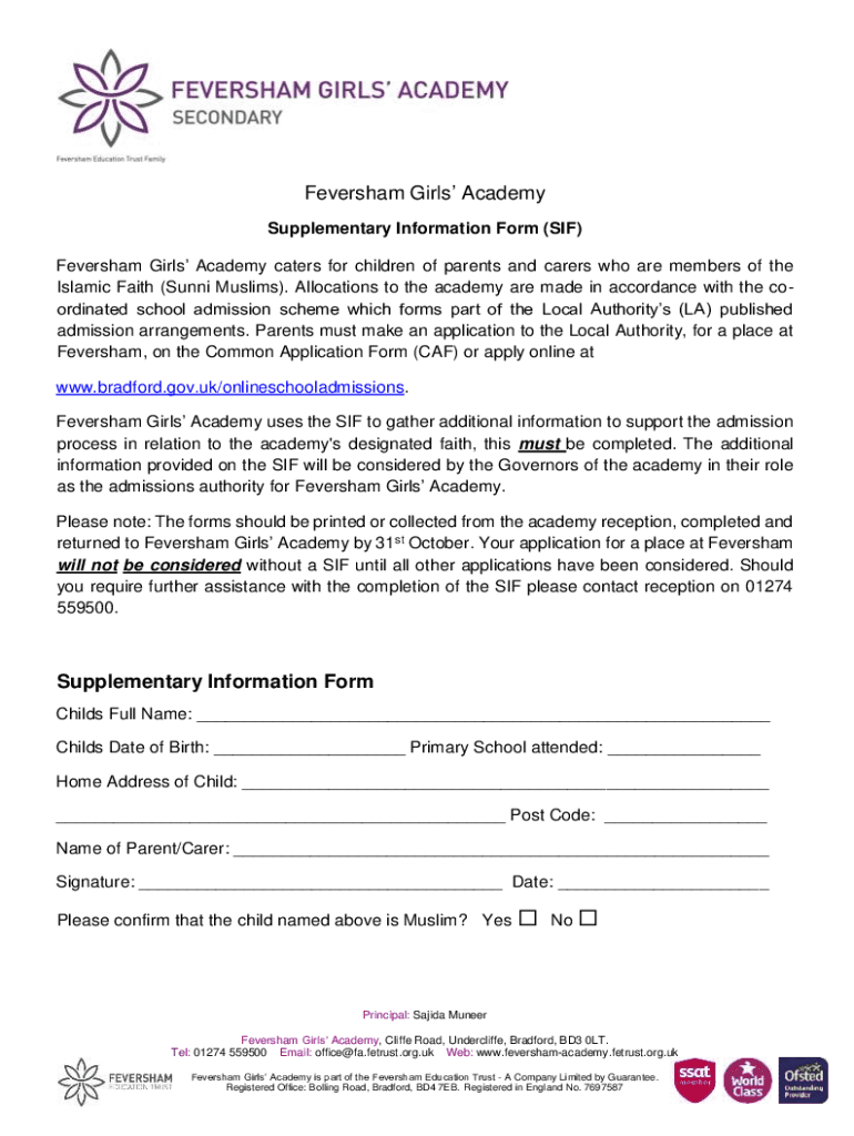 Fillable Online bso bradford gov Feversham Girls' Academy Supplementary ...