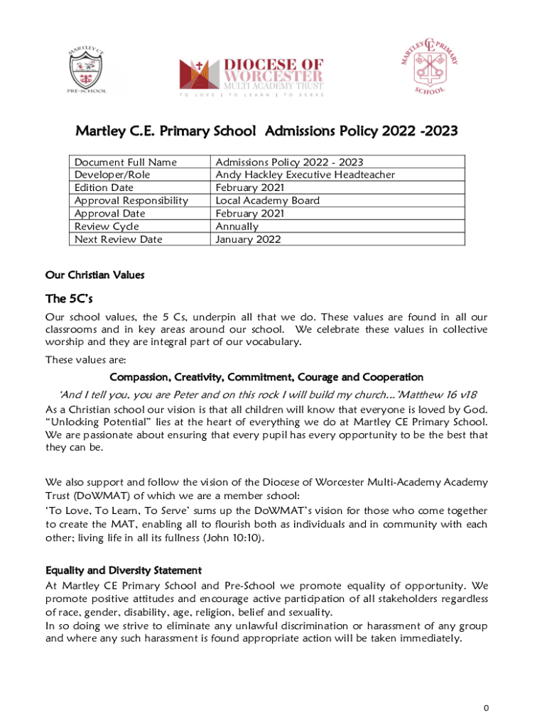 Fillable Online Martley C.E. Primary School Admissions Policy 2022 ...