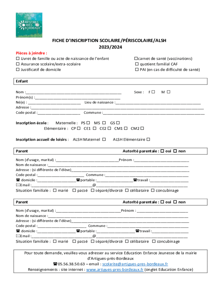 Remplissable En Ligne Dossier d'inscription pour les Accueils de Loisirs 2023-2024 Fax Email ...
