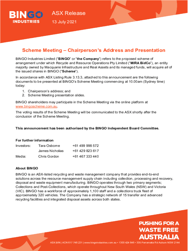 Fillable Online BINGO enters into Scheme Implementation Deed with ... Fax Email Print - pdfFiller