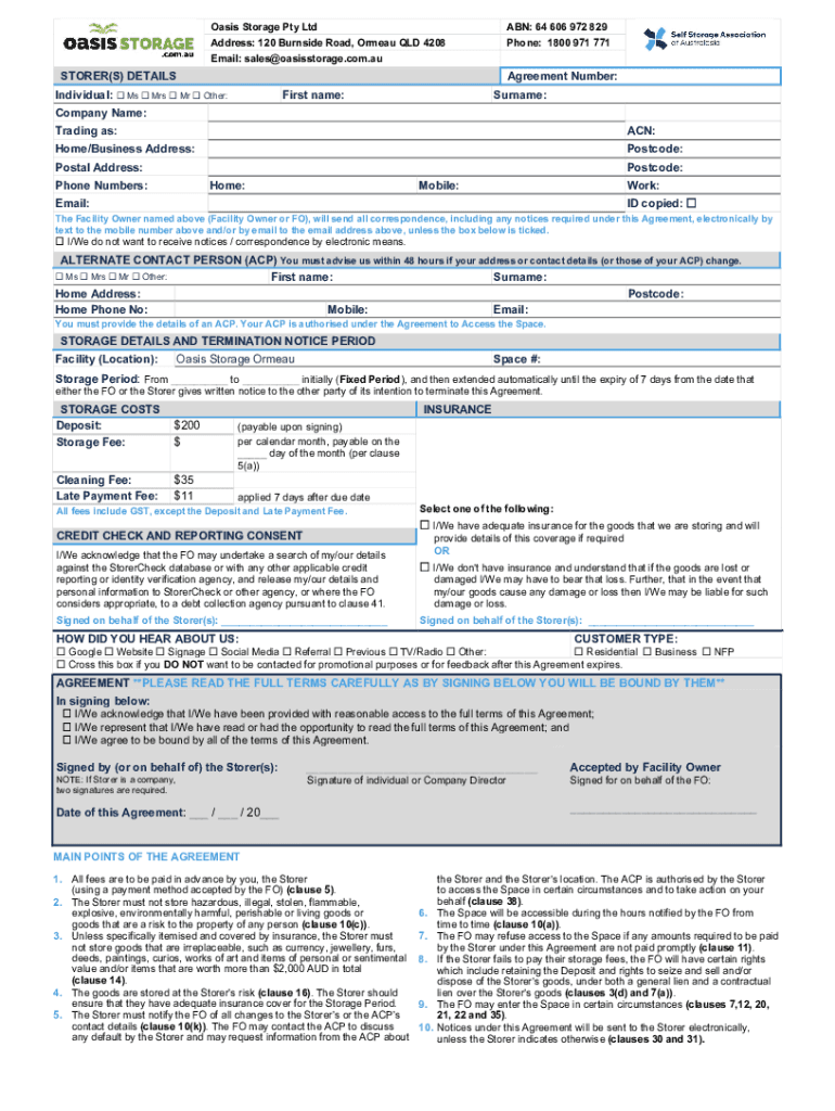 Fillable Online Contact Oasis Storage - Gold Coast, Yatala, Beenleigh ...