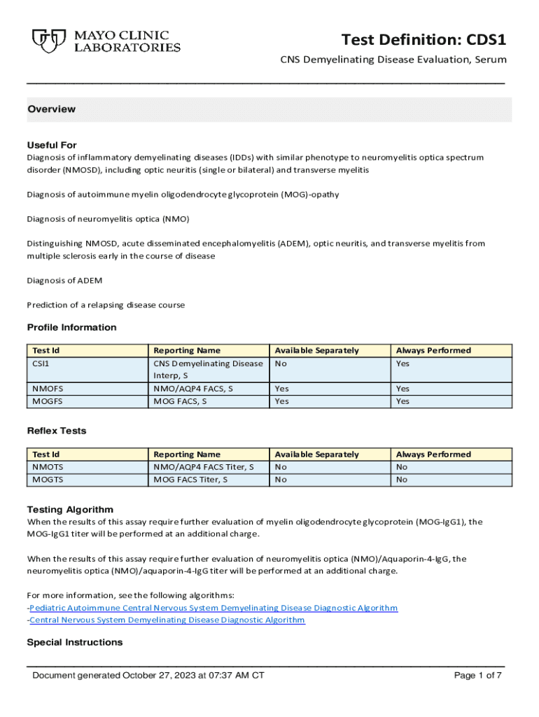 Fillable Online Test ID CDS1 CNS Demyelinating Disease Evaluation ...