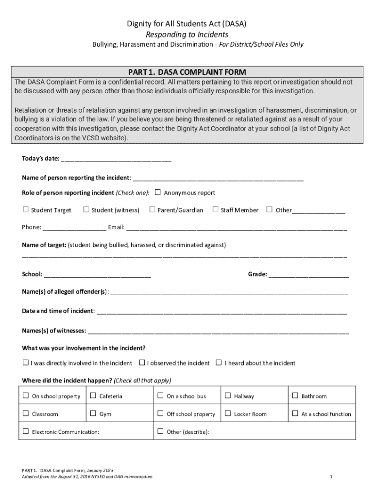 Fillable Online Dignity for All Student Act (DASA) Complaint Form Fax Email Print - pdfFiller
