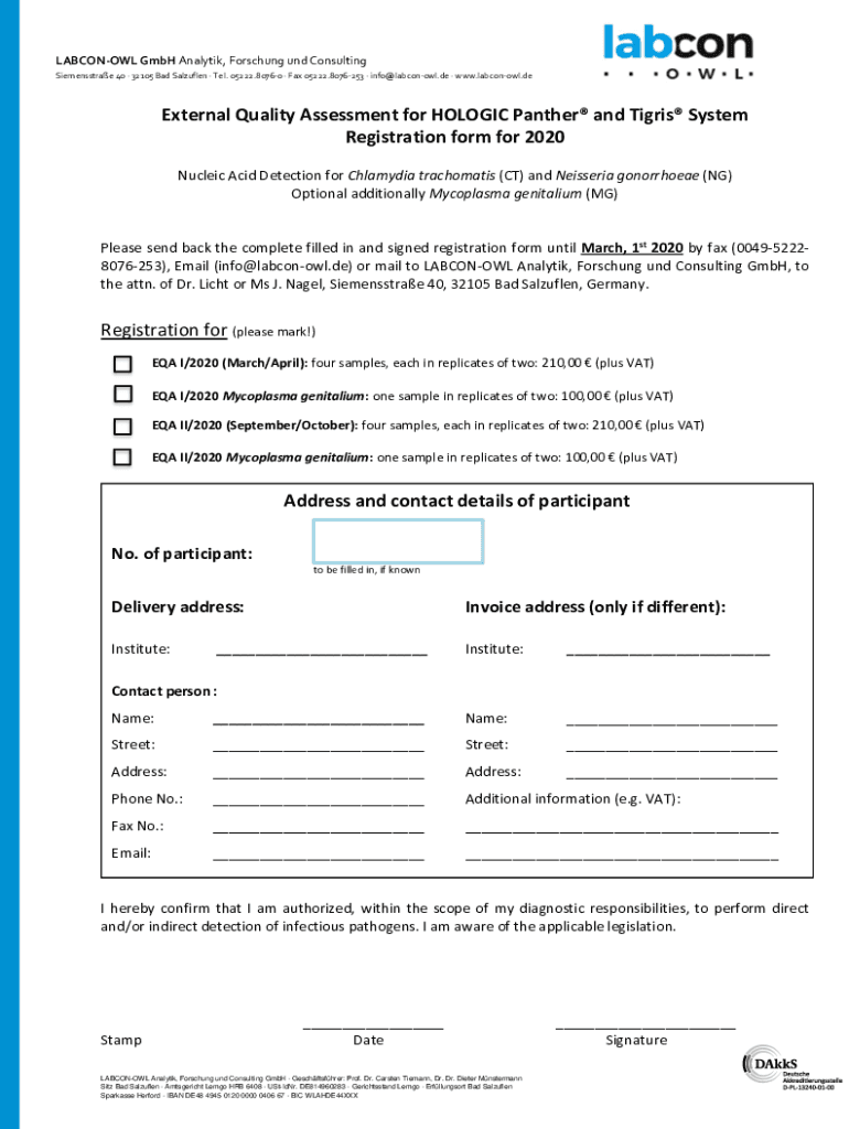 Fillable Online External Quality Assessment for HOLOGIC Panther and ...