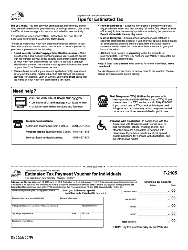 Fillable Online Form IT-2105:2015:Estimated Income Tax Payment Voucher ...