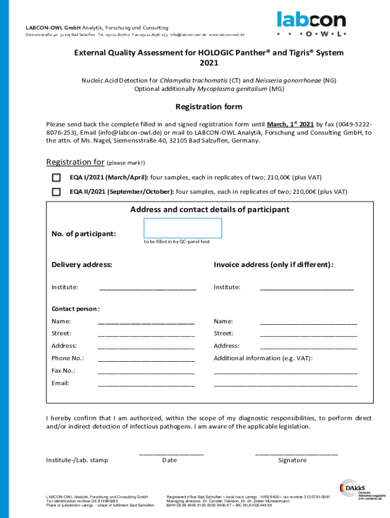 Fillable Online External Quality Assessment (EQA) for HOLOGIC Panther ...