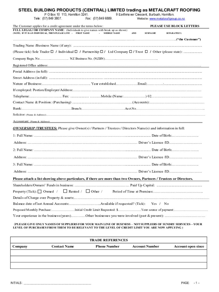 Fillable Online STEEL BUILDING PRODUCTS (CENTRAL) LIMITED trading as METALCRAFT ROOFING Fax ...