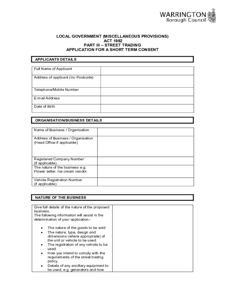 Fillable Online Application for a Short Term Street Trading Consent ...