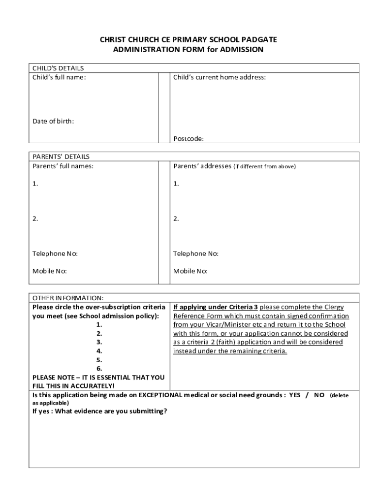 Fillable Online Christ Church CE Primary - Administration Form. Christ ...