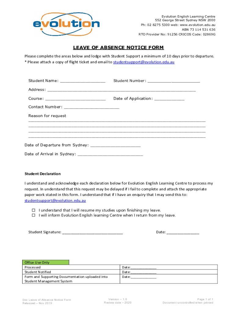 Fillable Online LEAVE OF ABSENCE NOTICE FORM Fax Email Print - pdfFiller