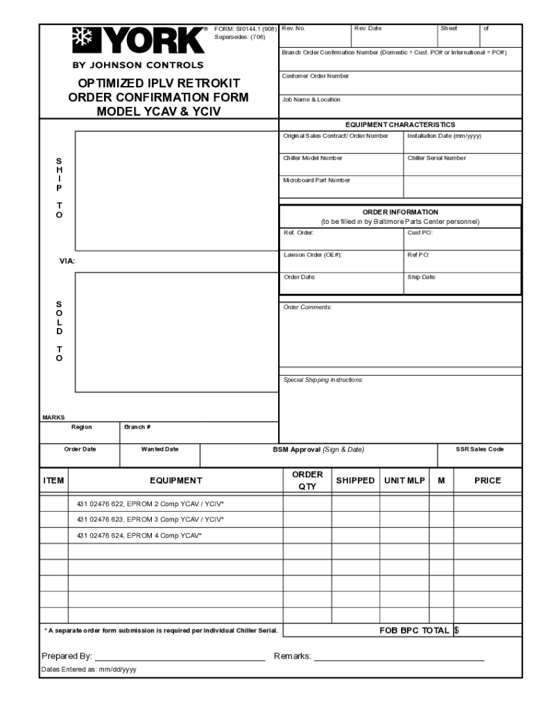 Fillable Online YCAV and YCIV Optimized IPLV Retrokit Order ...
