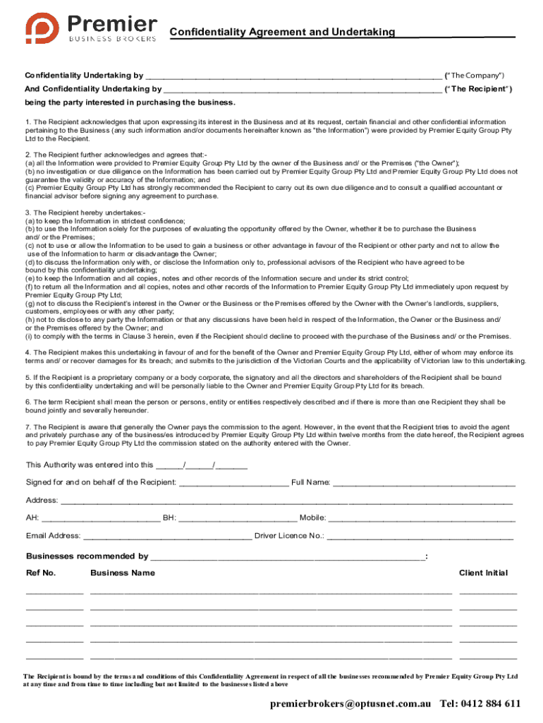 Fillable Online Confidentiality Agreement and Undertaking Tel: 0412 884 ...