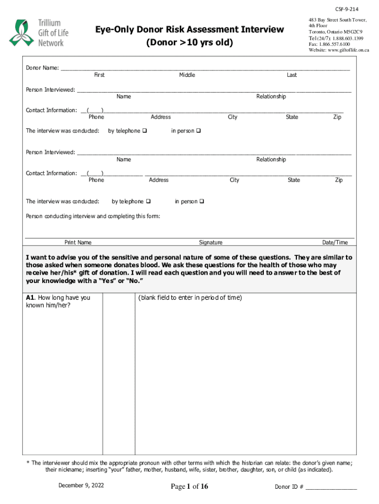 Fillable Online Eye Only Donor Risk Assessment Interview (Donor older ...