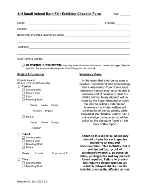 Fillable Online 4-H Small Animal Barn Fair Exhibitor Check-In Form Fax ...