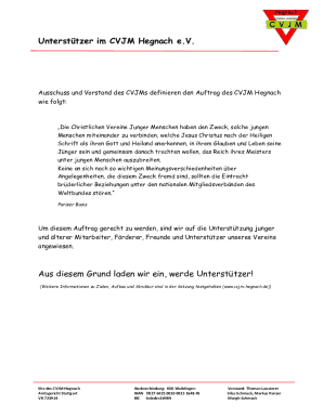 Ausfüllbar Online Untersttzer im CVJM Hegnach eV Fax Email Drucken - pdfFiller