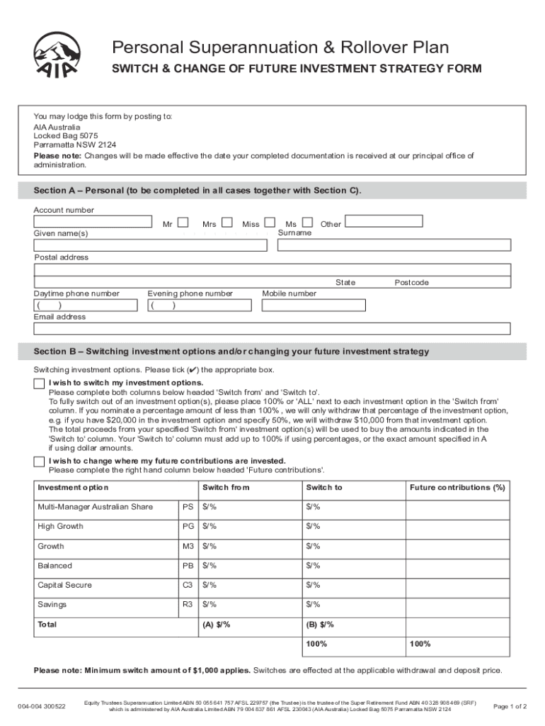 Fillable Online Commonwealth Personal Superannuation & Rollover Plan Switch & change of future ...
