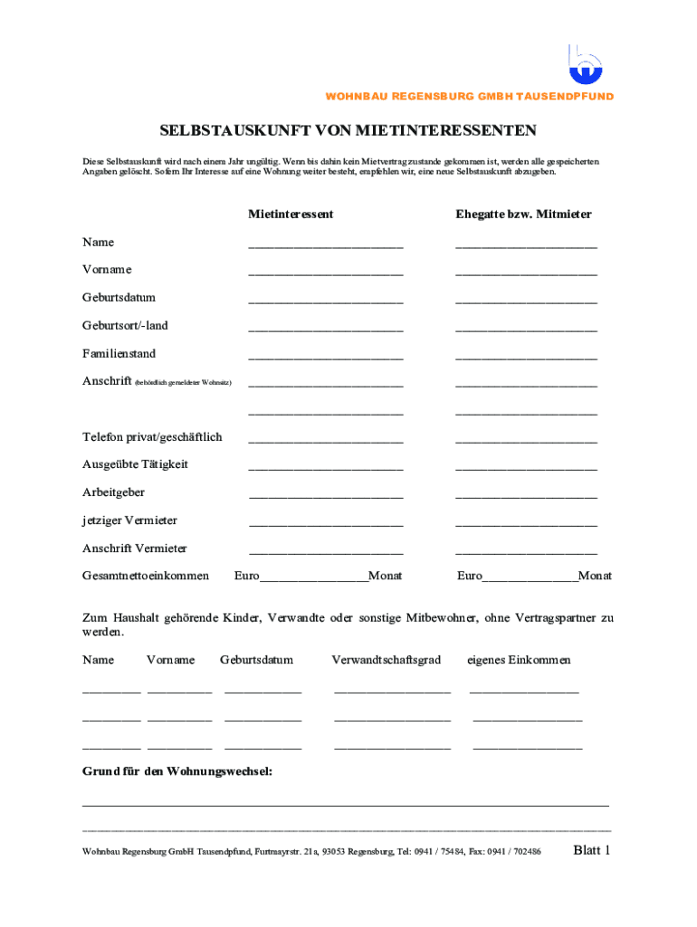 Ausfüllbar Online selbstauskunft von mietinteressenten - Wohnbau ... Fax Email Drucken - pdfFiller