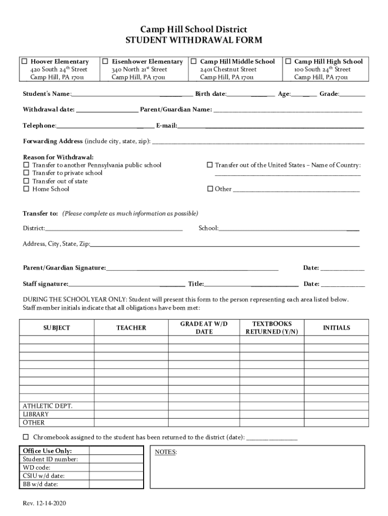 Fillable Online Camp Hill School District Student Withdrawal Form Fax ...