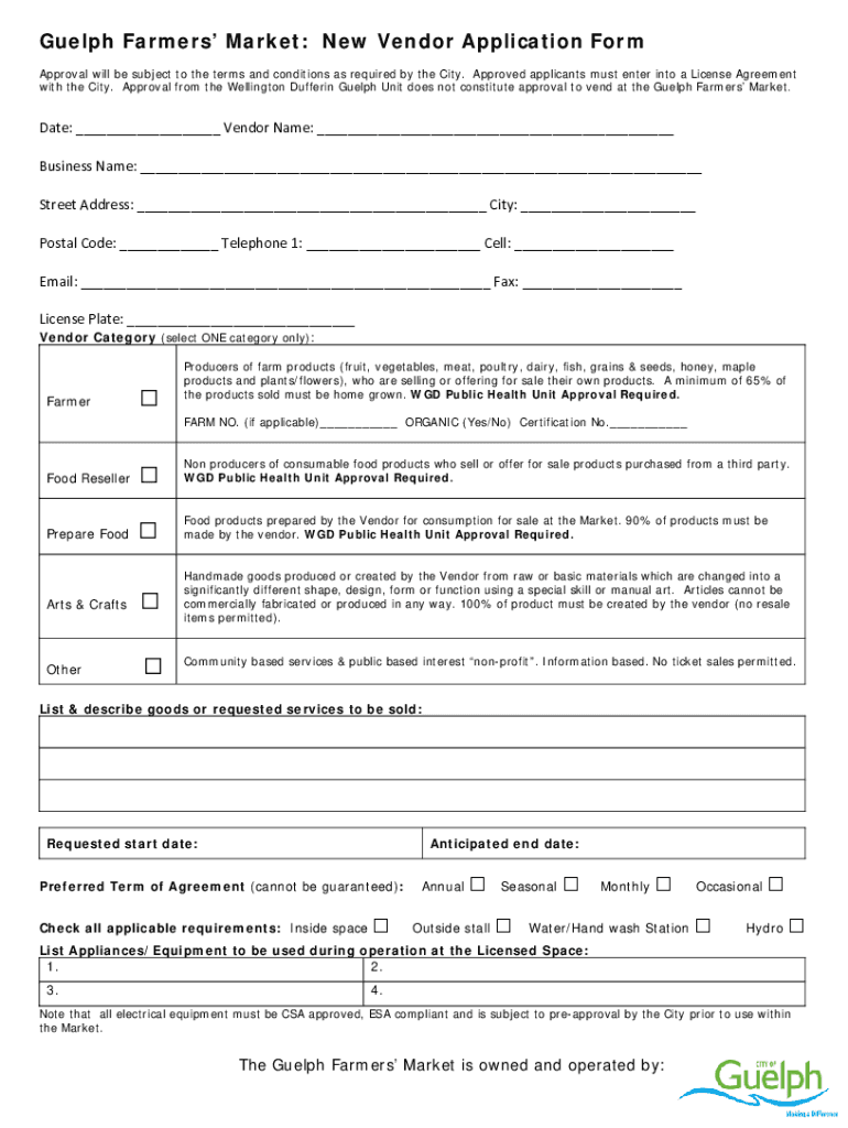 Fillable Online Guelph Farmers' Market: New Vendor Application Form Fax Email Print - pdfFiller