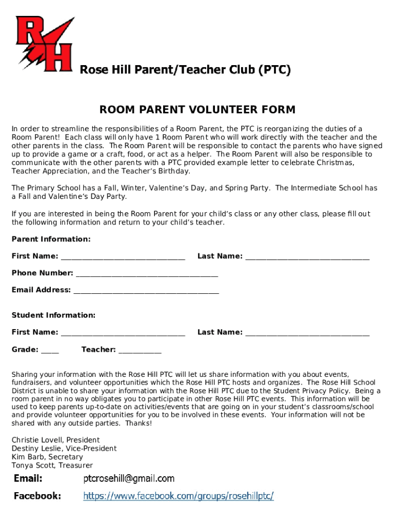 ROOM PARENT VOLUNTEER - Rose Hill Doc Template | pdfFiller
