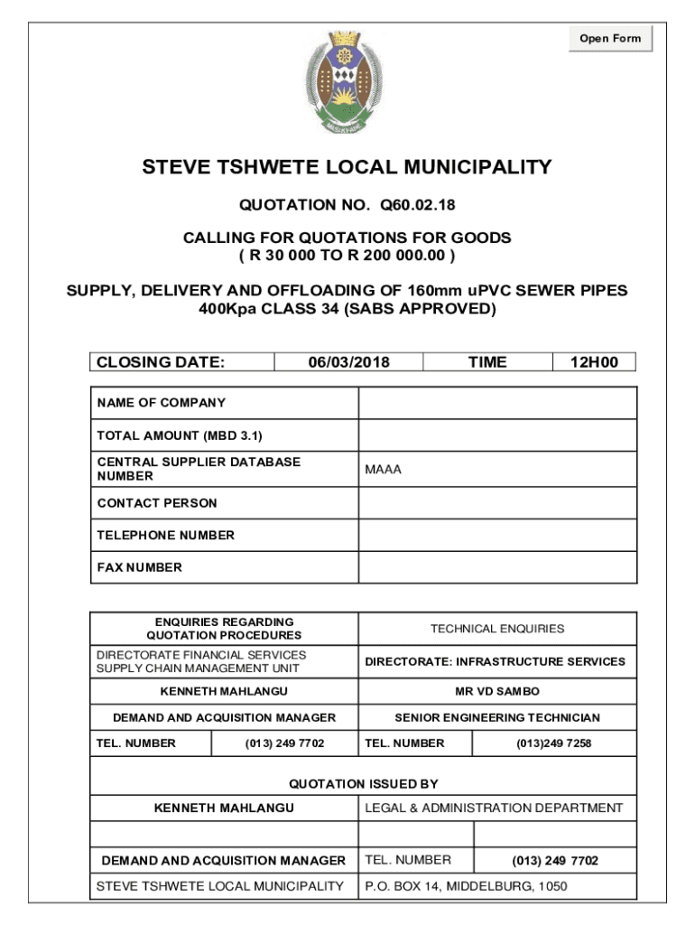 Fillable Online SUPPLY, DELIVERY AND OFFLOADING OF 160mm uPVC SEWER PIPES Fax Email Print ...