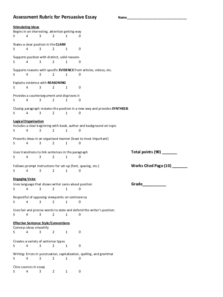 Fillable Online Assessment Rubric for Narrative Essay Fax Email Print - pdfFiller