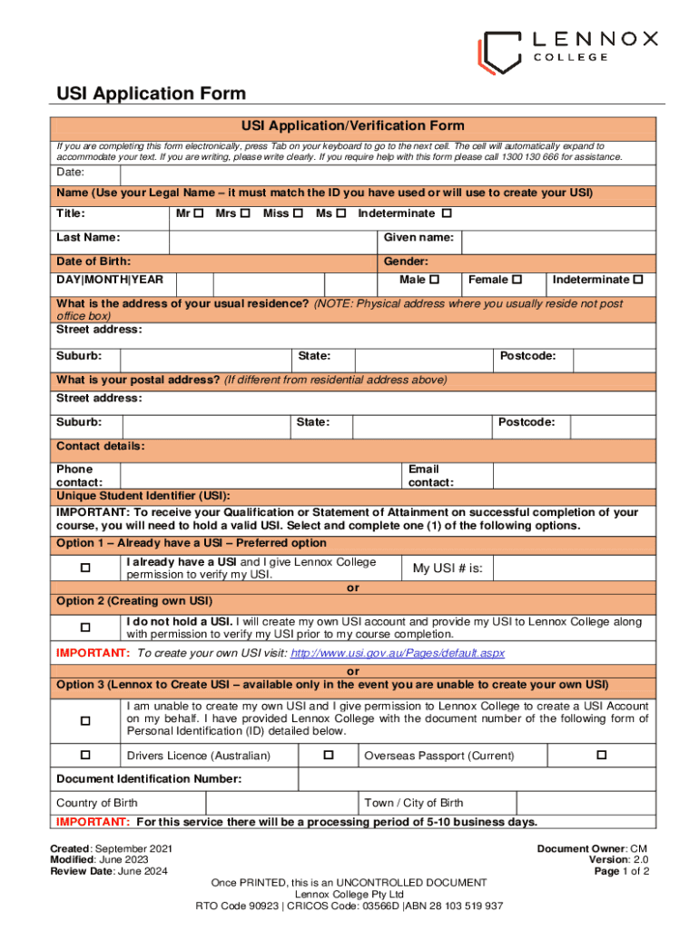 Fillable Online USI Application / Verification Form - Centurion Fax ...