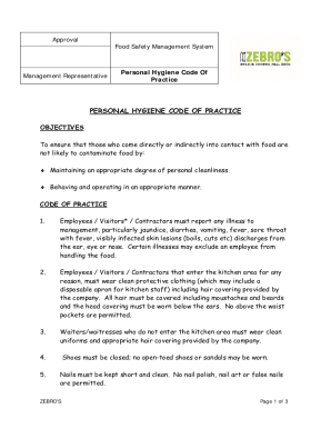Fillable Online Major Work Activity A - Hygiene, sanitation and safety ...