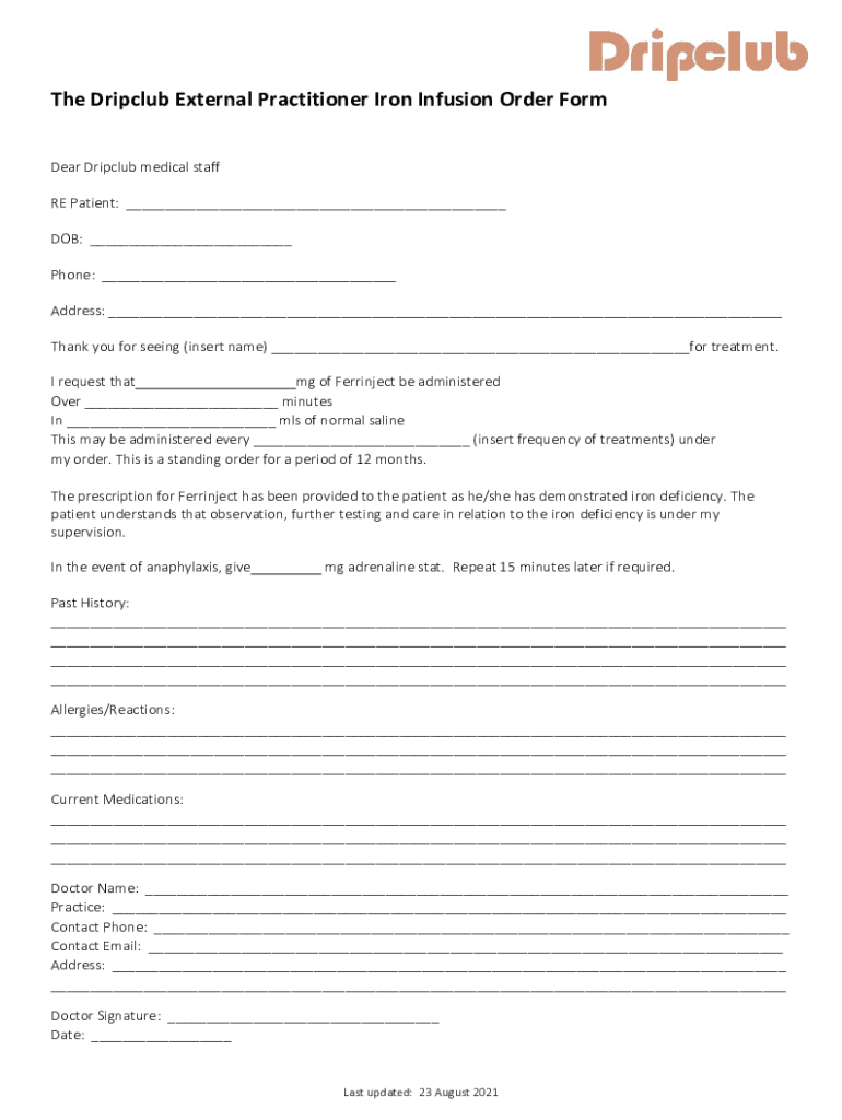 Fillable Online The Dripclub External Practitioner Iron Infusion Order Form Fax Email Print ...
