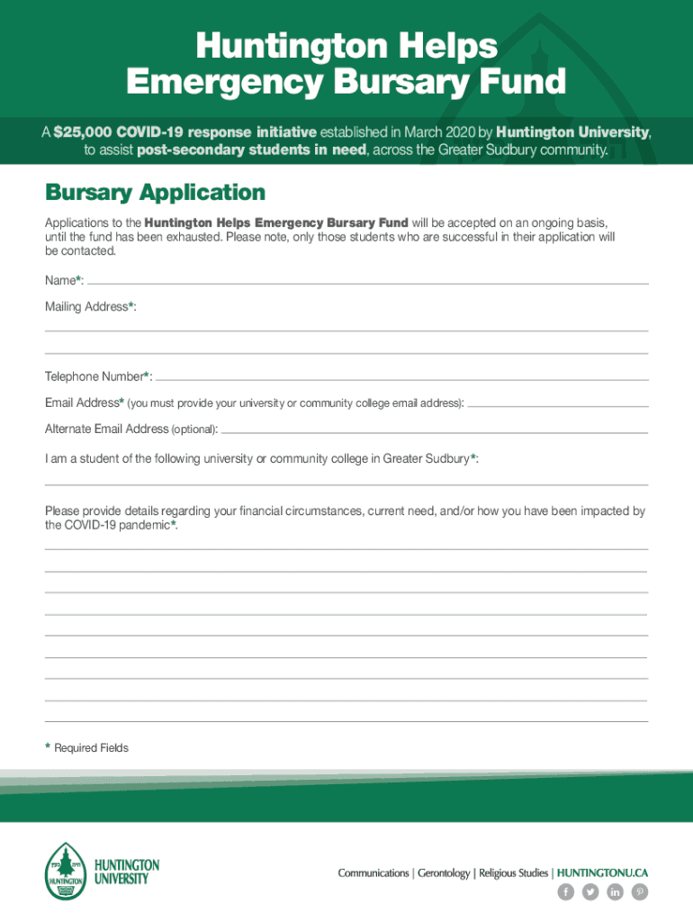 Fillable Online Huntington Helps Emergency Bursary Fund. Application ...